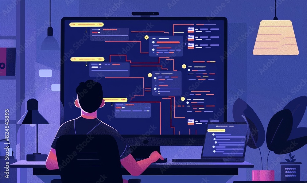 Programmer Using Git with Commit Messages and Branch Diagrams Stock Illustration | Adobe Stock