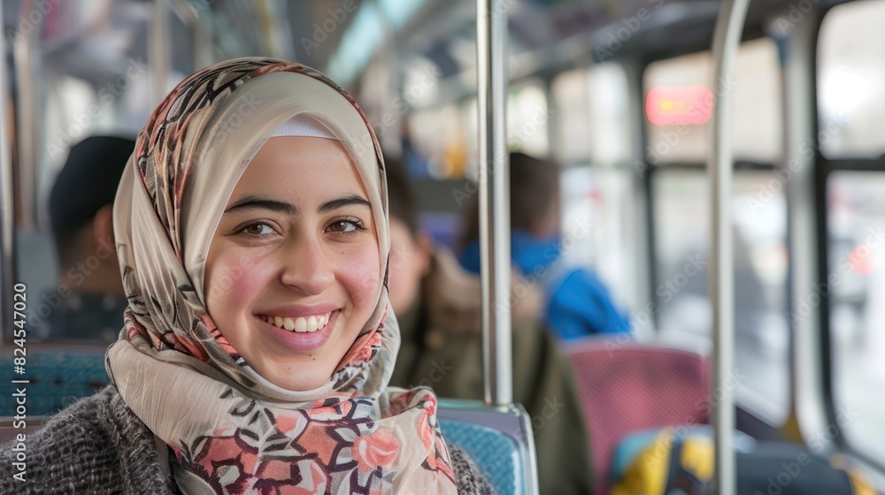 Smiling adult Muslim woman wearing hijab standing inside public bus ...