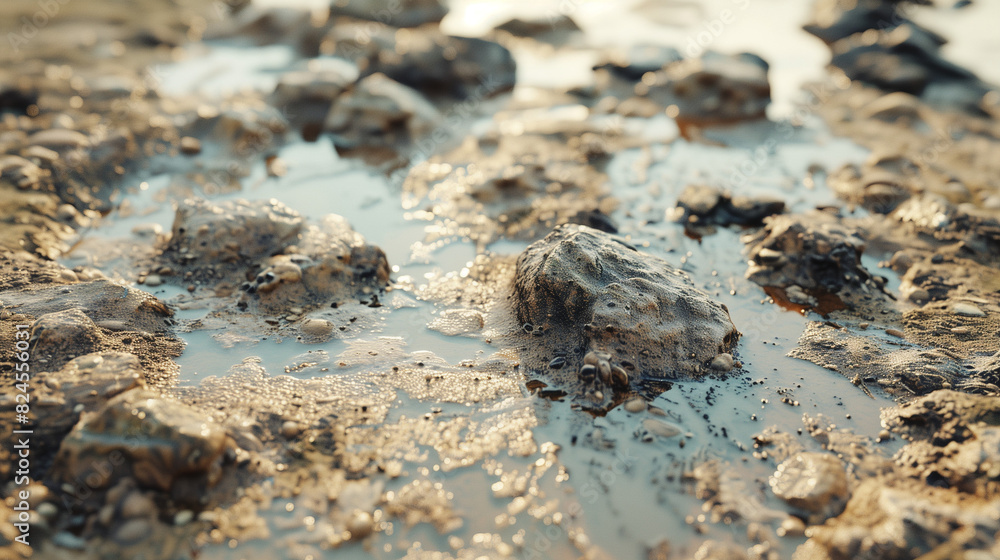 A dirty surface covered with stones and water, where light reflections ...