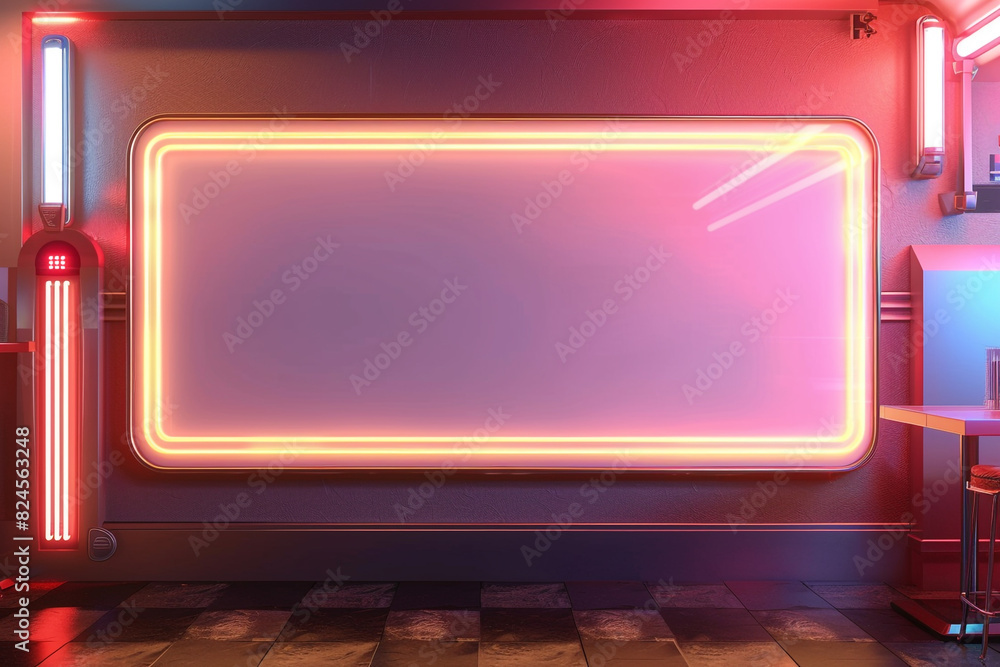 Retro diner style blank billboard mockup, 3D rendered with neon lights ...