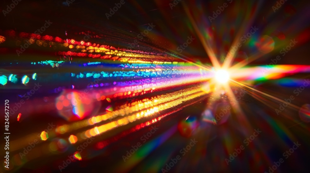 Rainbow light reflection on black background from a neon lens flare ...