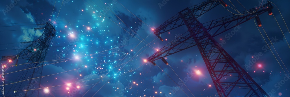 Electricity Transmission Lines with 3D Digital Visualization. Night Sky ...