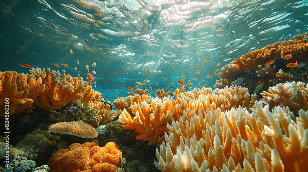 Environmental conservation concept, A thriving coral reef teeming with ...