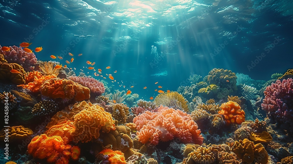 Environmental conservation concept, A thriving coral reef teeming with ...