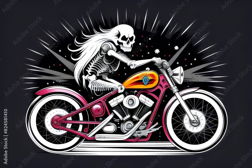 a cartoon illustration of evil devil skeleton , gang logo, riding a ...