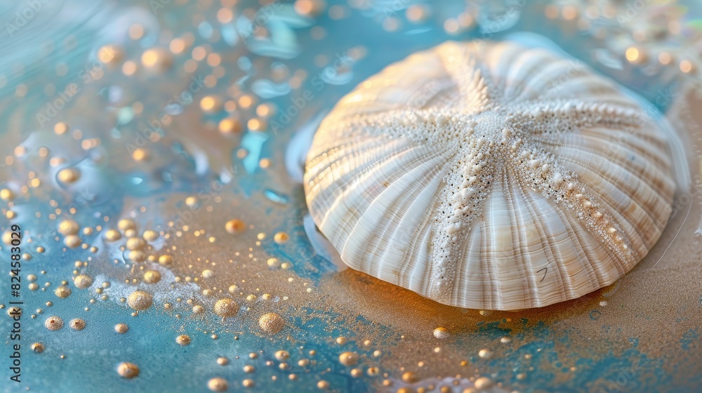Detailed close-up of a sand dollar shell, placed on a shimmering blue ...
