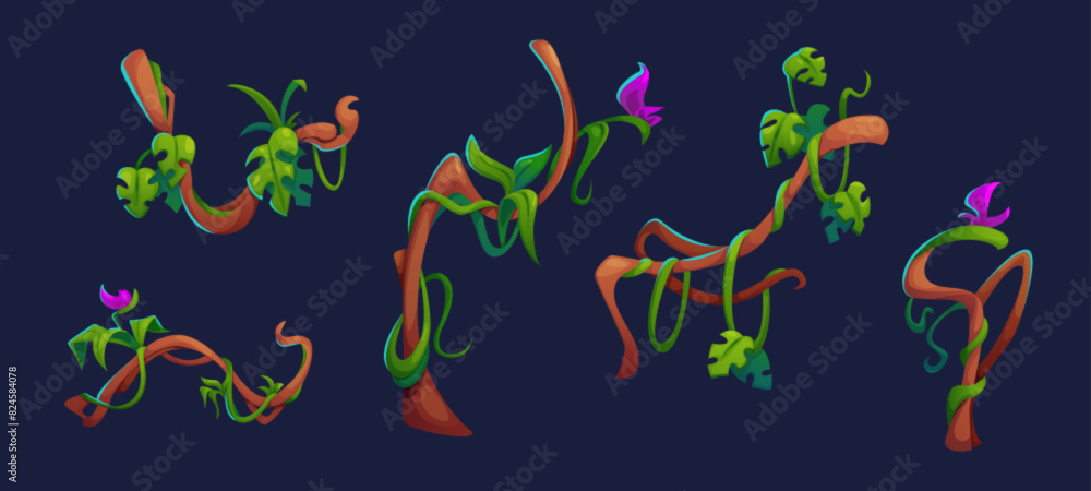 Jungle liana creeping branch with green leaves and flowers. Cartoon ...