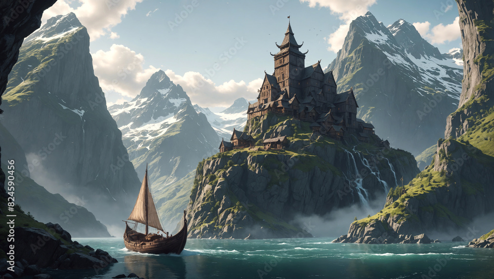 Viking city on top of a hill in Norwegian fjord, longship sails in the ...