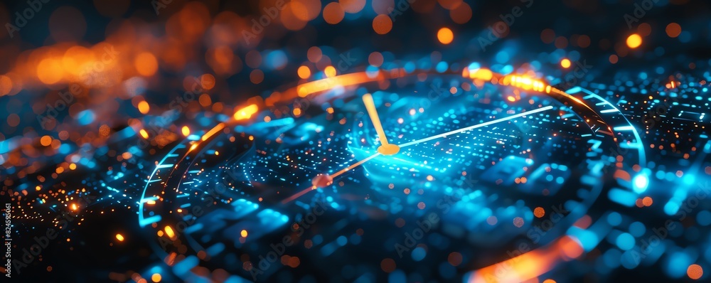 A futuristic digital clock interface glowing in blues and oranges, with ...