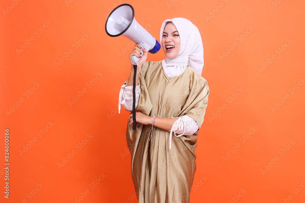 Beauty Cheerful Mature Asian Girl Shouting Candidly Holding Loudspeaker