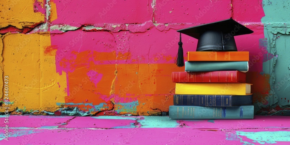 Graduation cap on diploma and books arranged simply on soft pastel ...