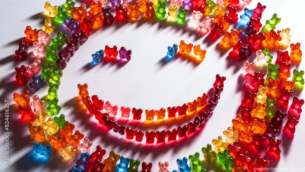 flat lay top view of colorful gummy bears making a smiley face, concept ...