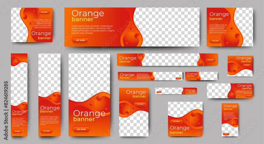 Orange Web Banner template set design. Vertical, horizontal and square ...