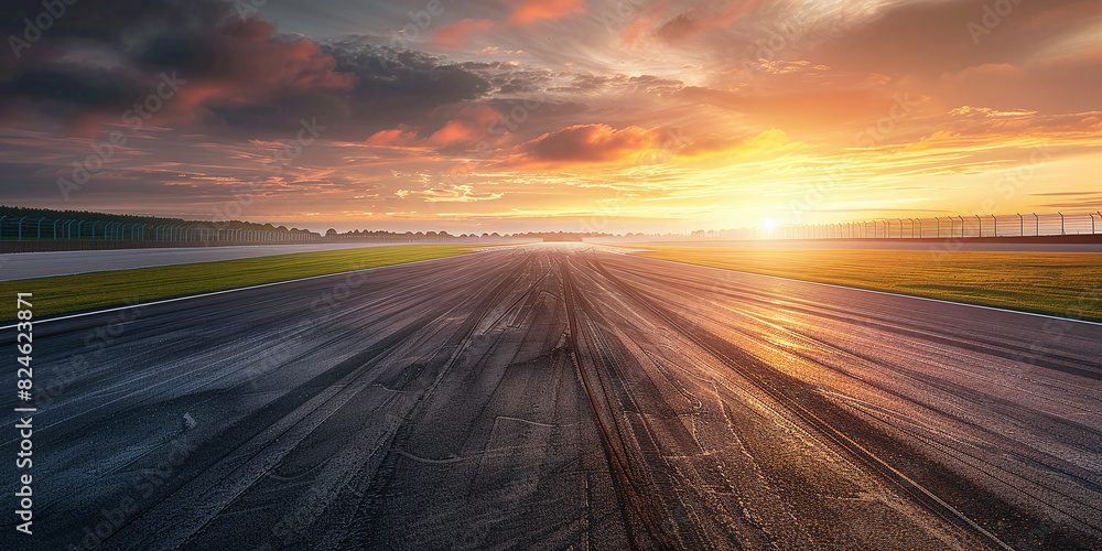 Deserted Formula 1 race track at dawn with visible tire tracks. Desert ...
