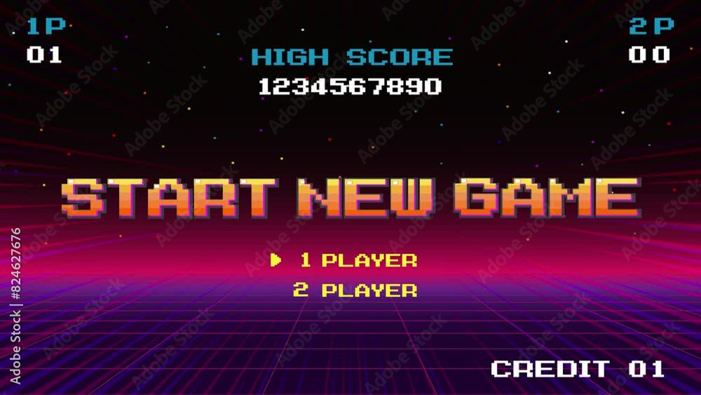 START NEW GAME play .Synthwave wireframe net illustration. pixel art .8 ...