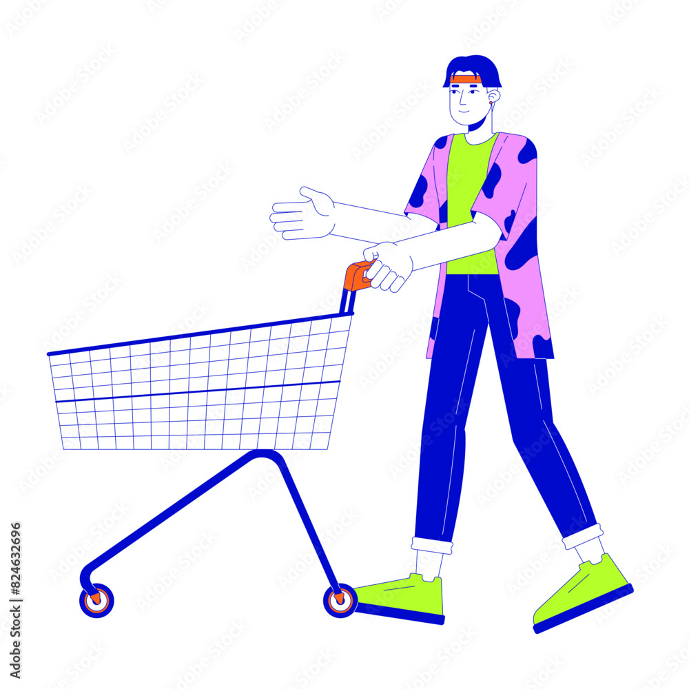 Asian man pushing shopping cart 2D linear cartoon character ...