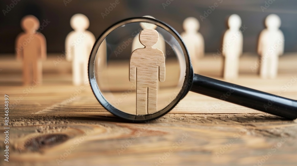 Magnifying glass focusing on a manager icon among staff icons ...