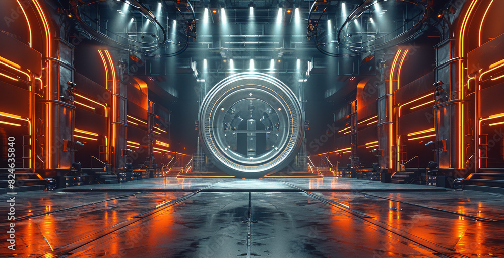 Dark industrial night club stage design, cables and steel, spiral ducts ...