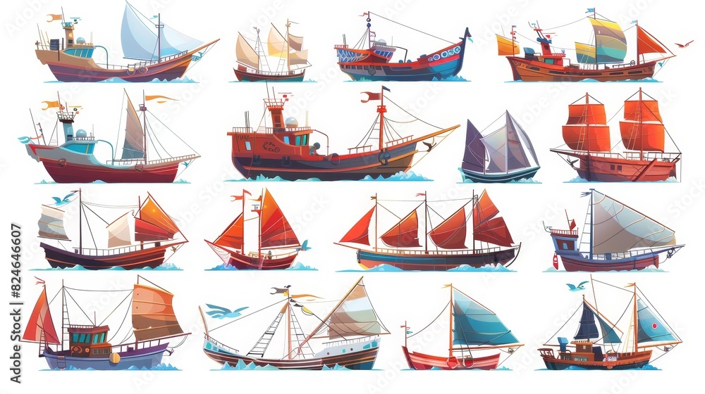 Modern flat ships side view isolated on white background of fishing and ...