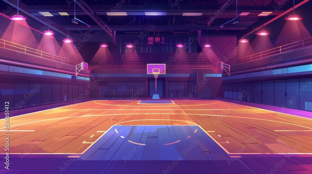 Modern illustration of a basketball court with wooden floor. Indoor ...
