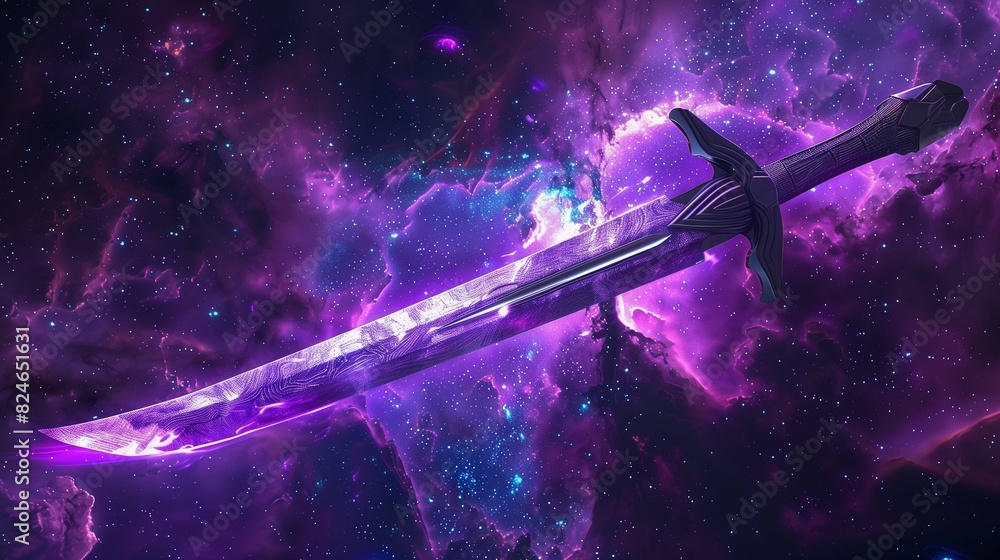 Mystical sword floats in vibrant cosmic space art digital. Purple and ...