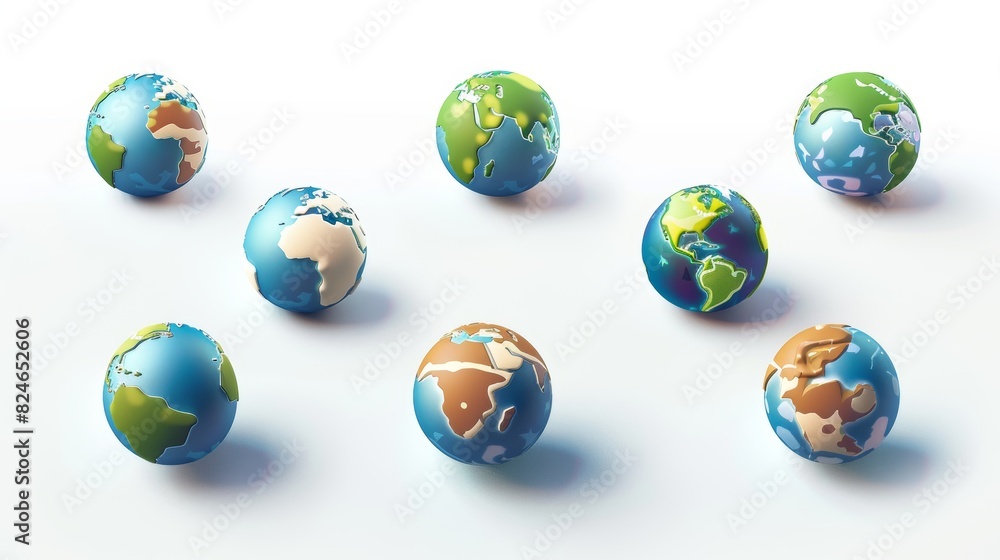 Three-dimensional rendering of the planet Earth in different views. A ...