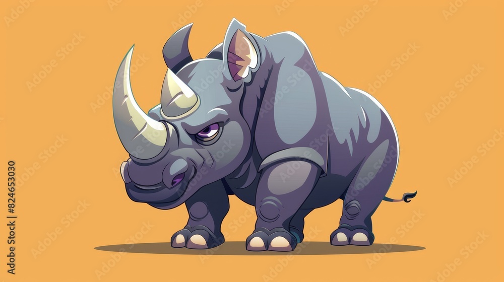 Angry rhinoceros who wears white horns and has a gray body. Two horned ...