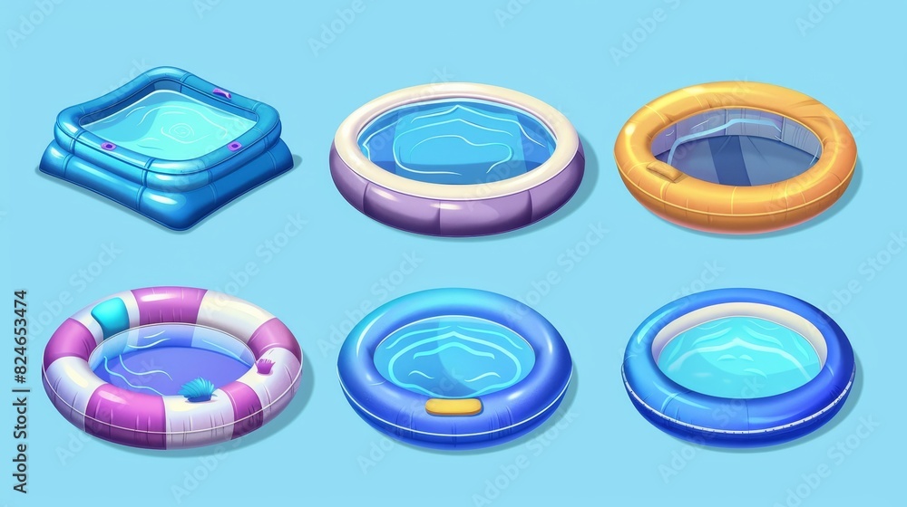 Collection of cartoon illustrations featuring inflatable pools and ...