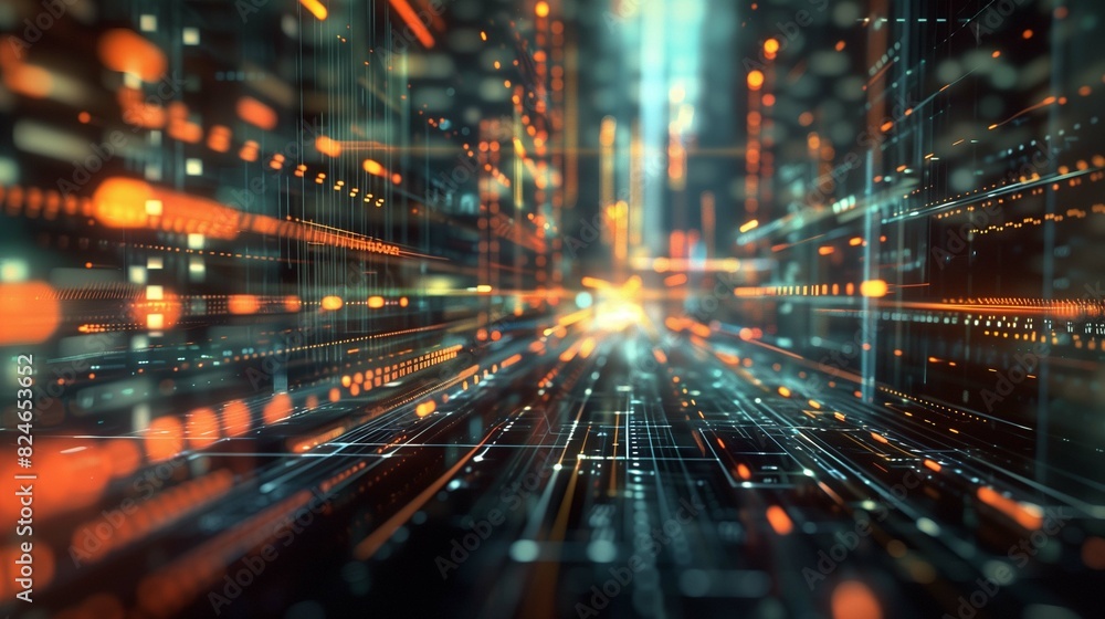 Abstract digital landscape photo. Glowing orange data lines and ...