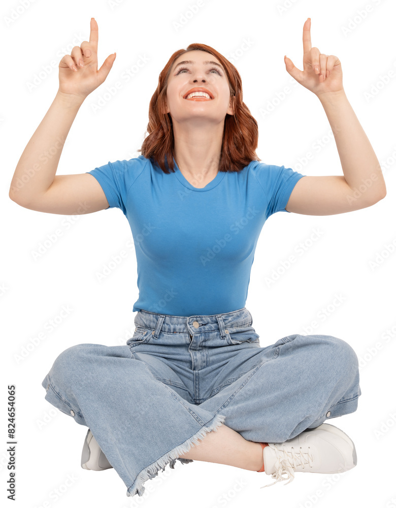 Looking pointing up, full body size young red bob hair caucasian woman ...