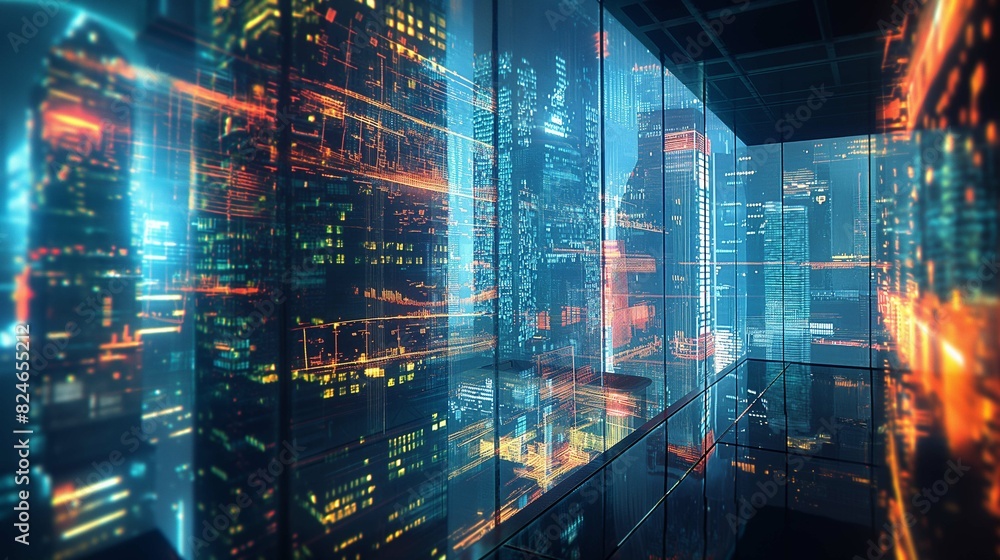 Digital cityscape view with transparent walls photo. Neon lights ...