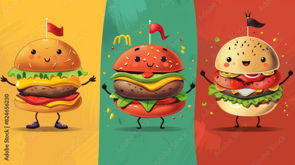 Nostalgia 60s, 70s, 80s cartoon fast food character posters with ...