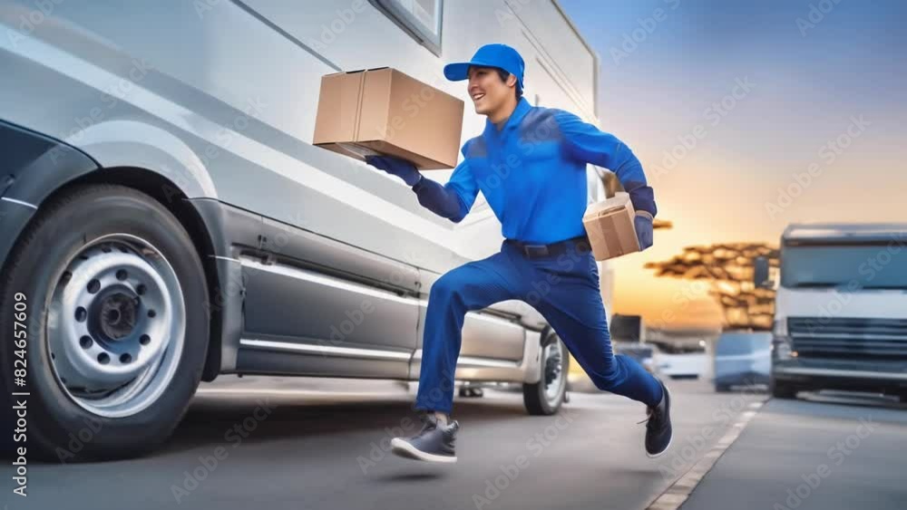Delivery man in blue uniform running with packages in hand, heading ...