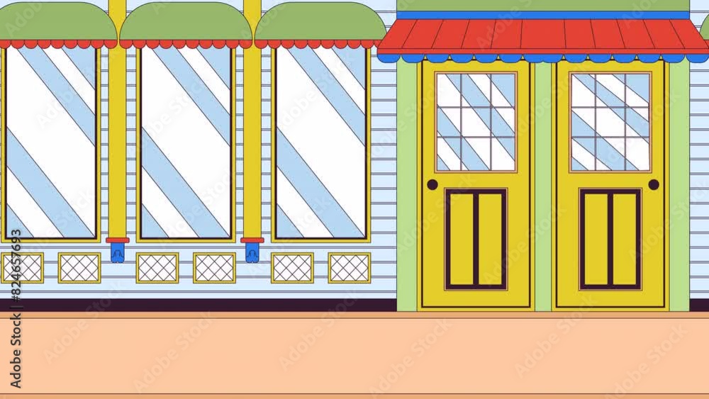 Stores facades on city street line cartoon animation. Mainstreet ...