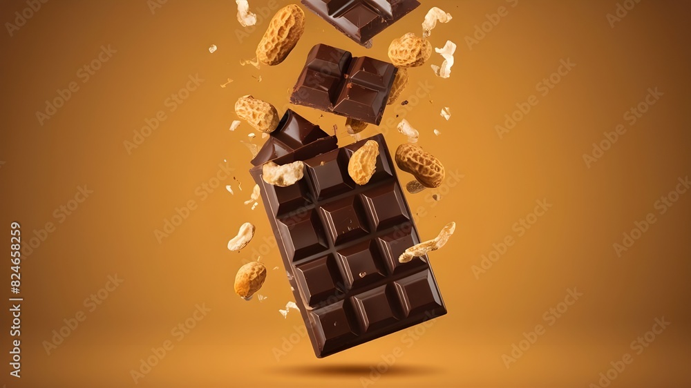 Various types of chocolate falling with choc flake in the air isolated ...