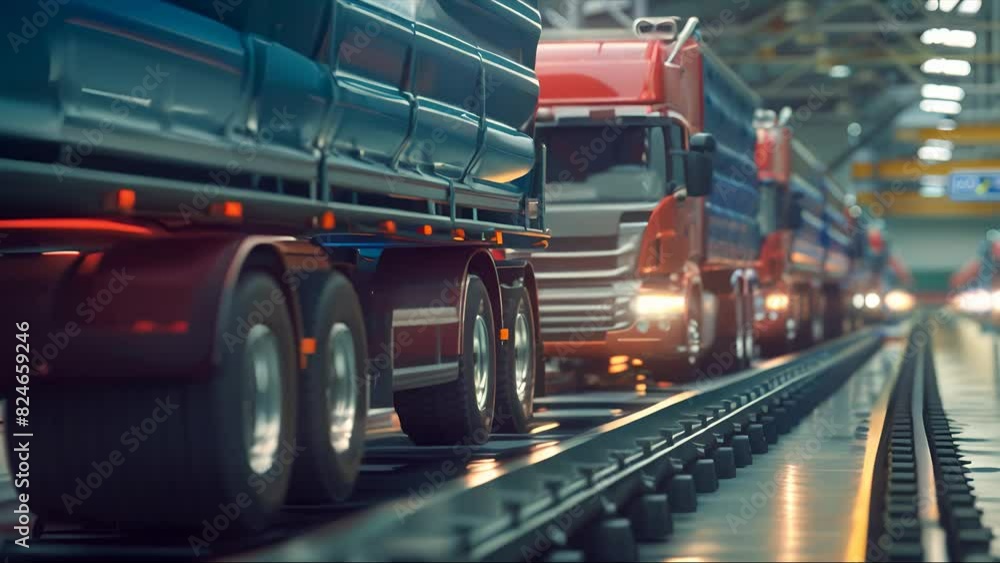 Busy Factory Assembly Line Producing Modern Truck. A busy factory ...