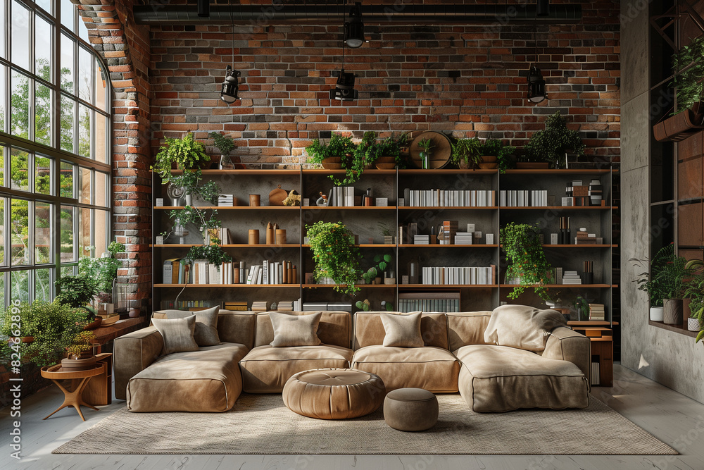 Armchairs and shelves with books adorn the modern loft-style interior ...