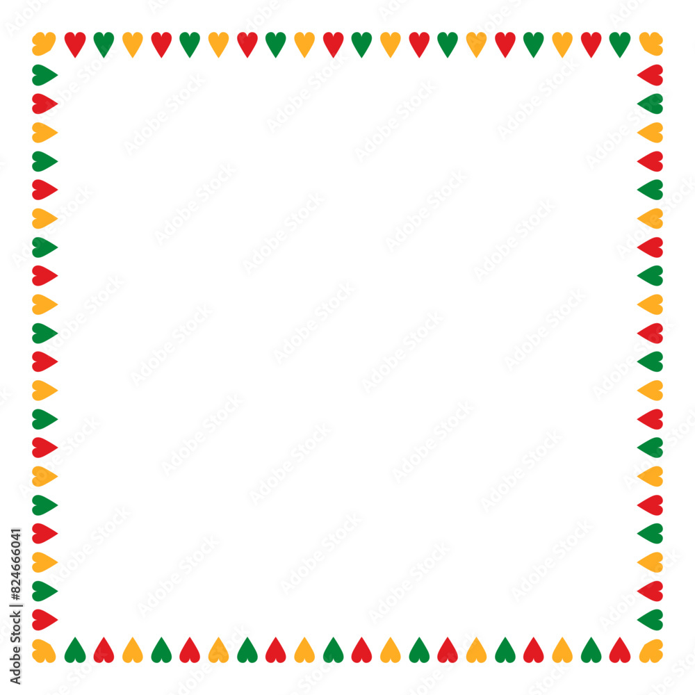 Empty square frame with small red, green and yellow hearts. Juneteenth ...