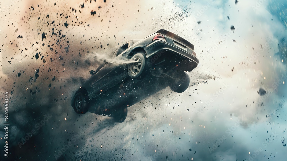 Dramatic scene of a car flying through the air after losing control ...