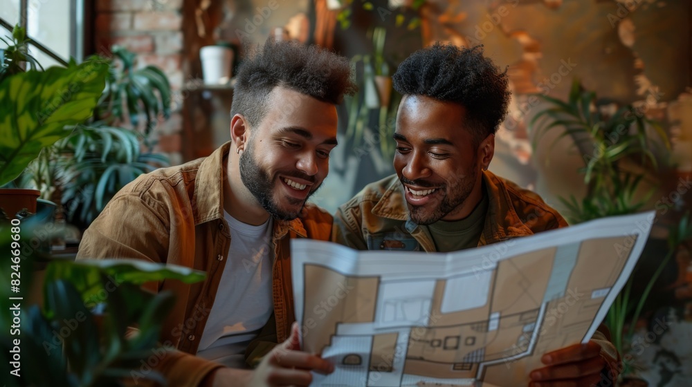 Happy gay couple discussing house blueprints indoors, envisioning their ...