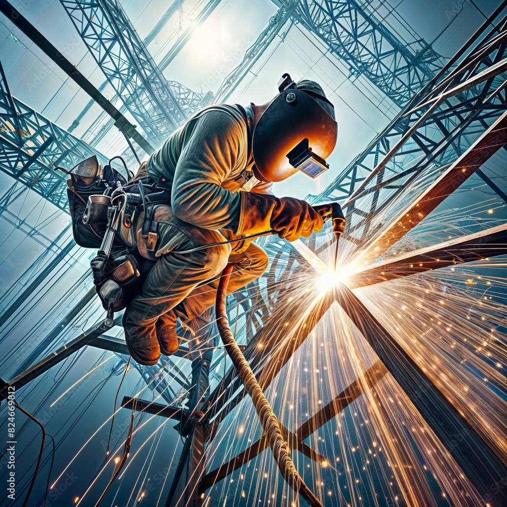 A skilled welder in protective gear is suspended on a harness, working ...