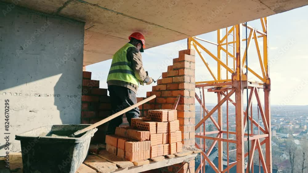 Construction Worker Building Brick Wall, A construction worker wearing ...
