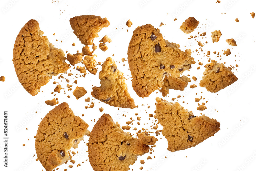 Cookie crumbs falling from above with isolated white background. Crumbs ...