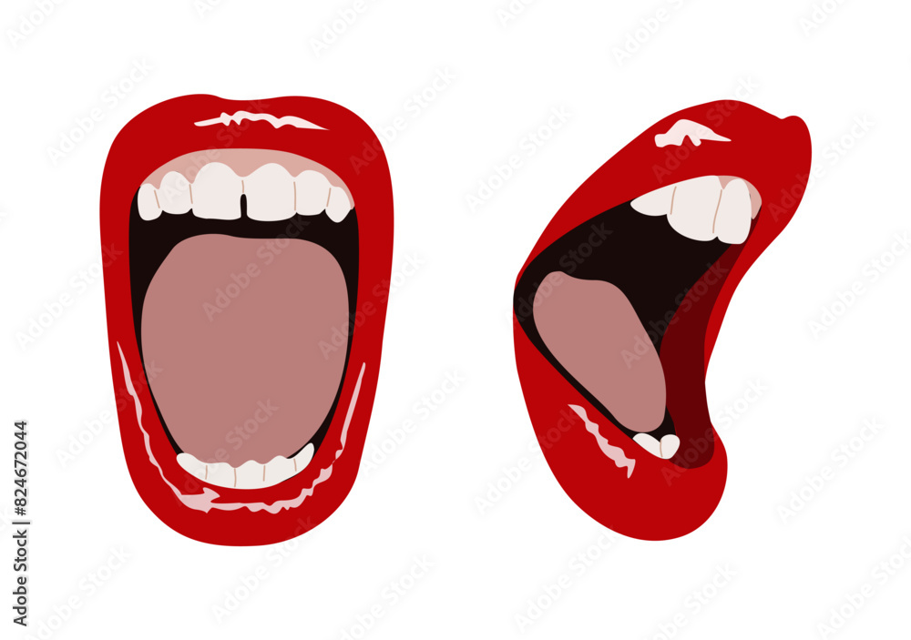 Set of screaming female mouth side and front view. The mouth is open ...