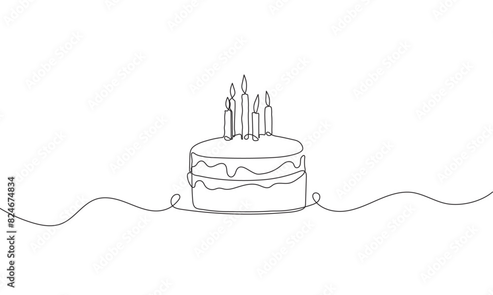 Birthday cake in continuous line art drawing style. Traditional ...