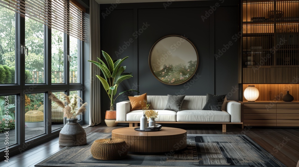 Dark walled living room with a modern Japanese influenced interior ...
