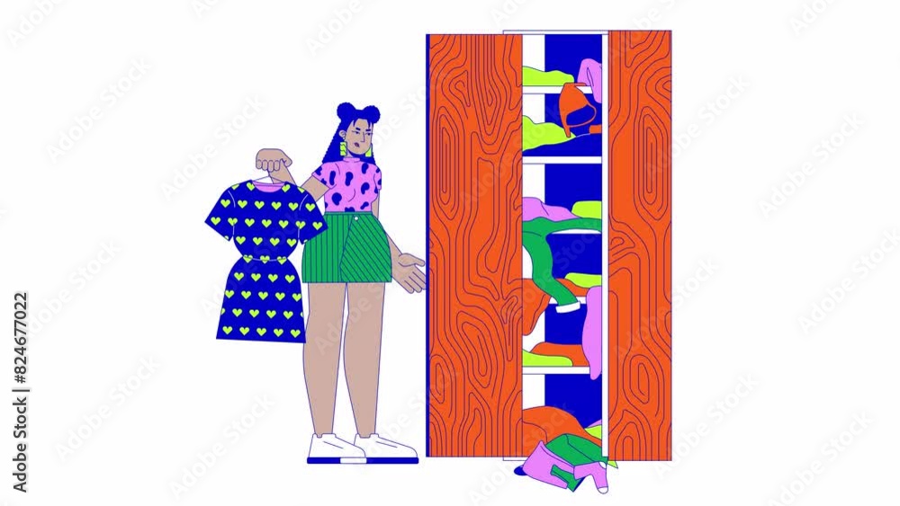 Vidéo Stock Latin american woman opening overloaded wardrobe line ...