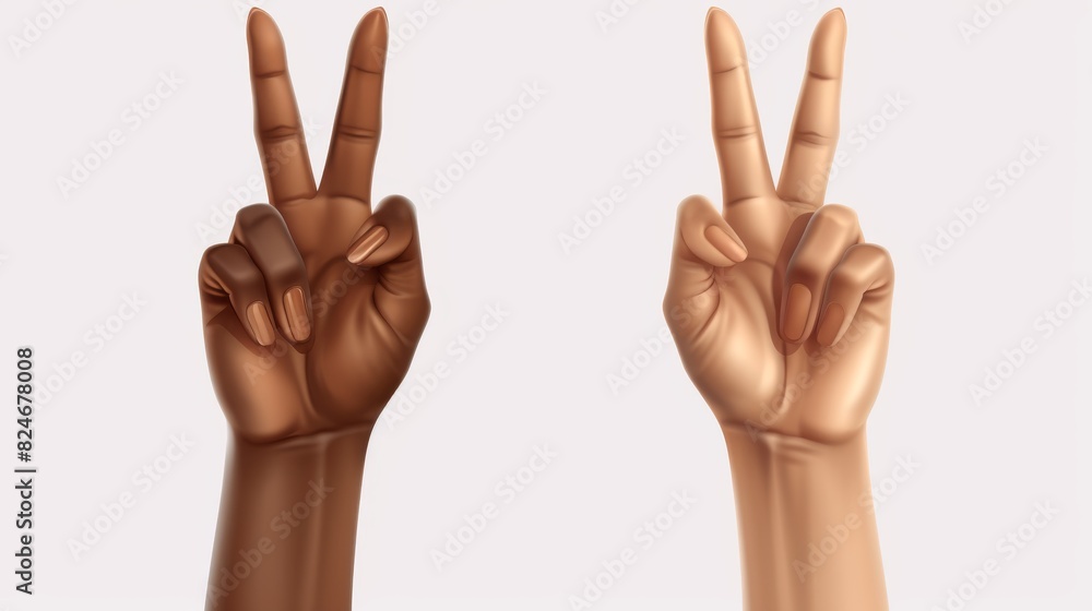 Female hands with victory sign, different skin colors, diversity ...
