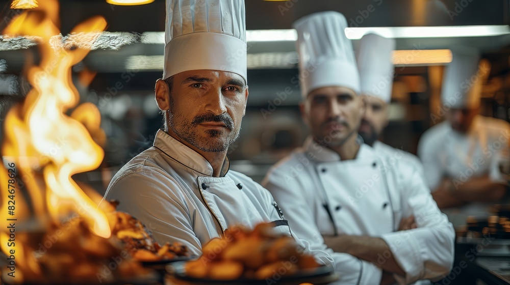 4 men dressed as chefs with arms crossed in a restaurant kitchen in the ...