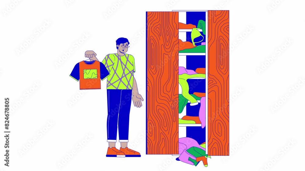 Middle eastern man near full wardrobe line cartoon animation. Fashion ...